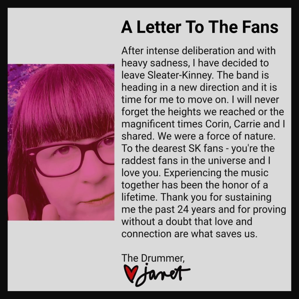 Sleater-Kinney Drummer Janet Weiss Leaves Band Due to "New Direction ...
